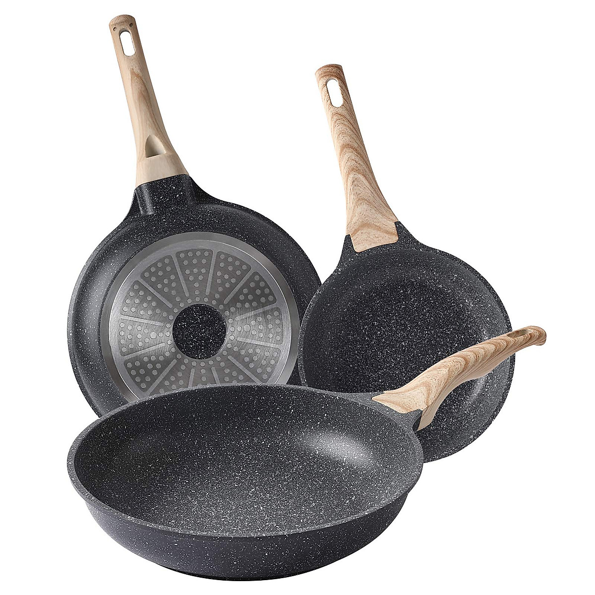 Motase Nonstick Frying Pan Skillets 3-Piece Set 8/9.5/11 inch, Granite Coating Omelette Pan, 100% PFOA free Cookware Pan, Non Stick Stone Frying Pan Skillets Set