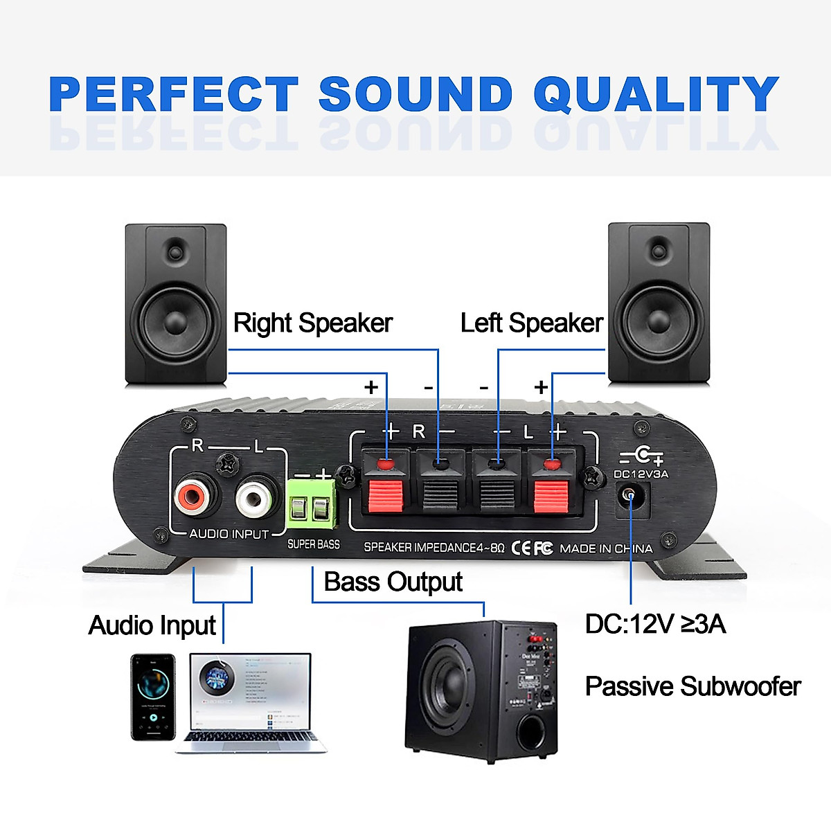 LP-838 2.1 Bluetooth Amplifier 38W+38W+50W Power Output with Remote Control Function, 2.1 Channels Bluetooth Amplifier Supports Bluetooth/USB/RCA Input(with 12V/5A DC Power Supply)