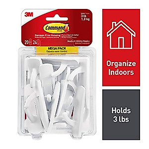 Command Utility Hooks Mega Pack, Medium, White, 20-Hooks (17001-MPES), Organize and Decorate Your Dorm & Large Replacement Strips for Indoor Hooks, 20 Strips