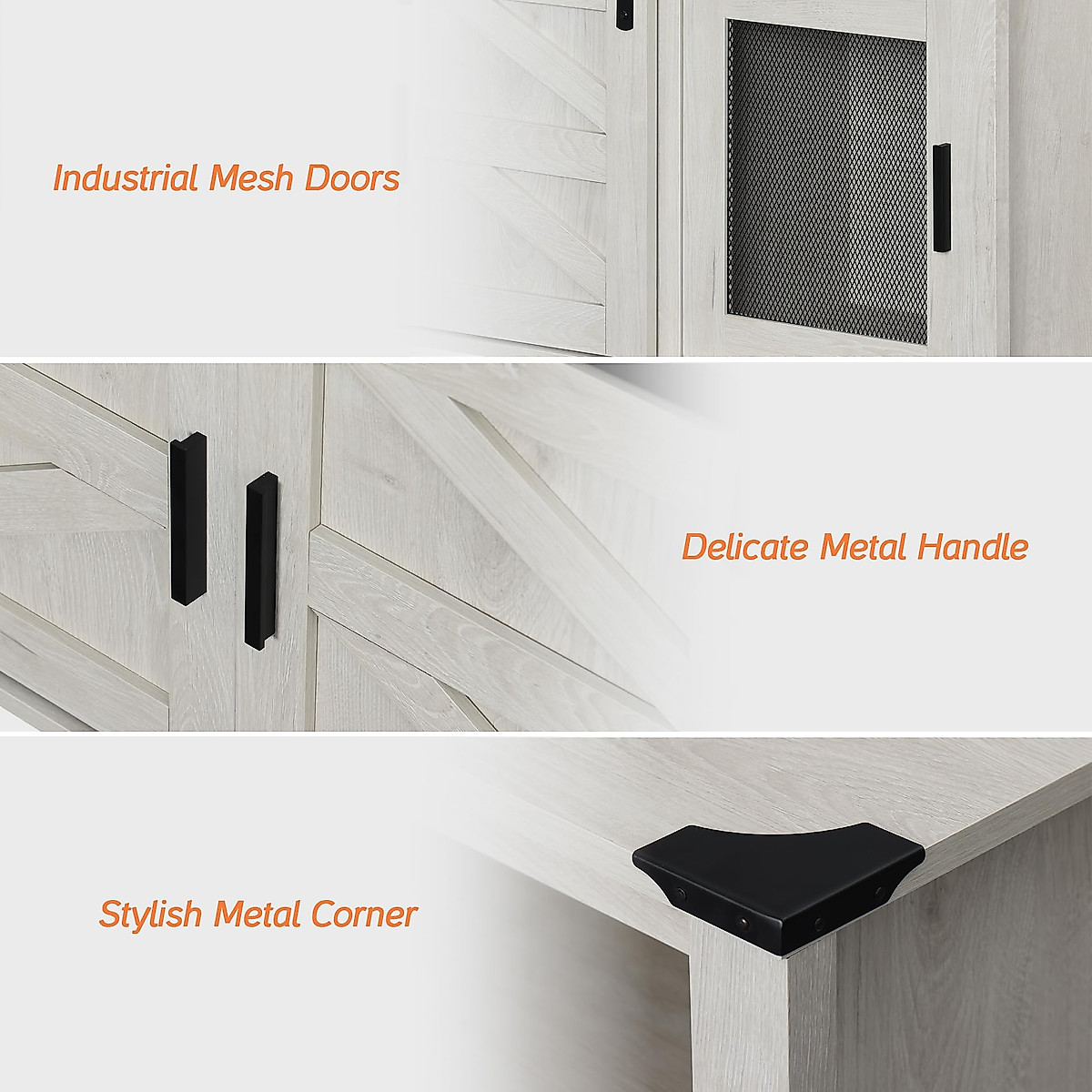 WAMPAT Farmhouse Buffet Cabinet, Rustic Sideboard with Sliding Barn Doors, 59" Coffee Bar Storage Cabinet with Mesh Doors, Antique White Cupboard Table for Kitchen, Dining Room, Living Room