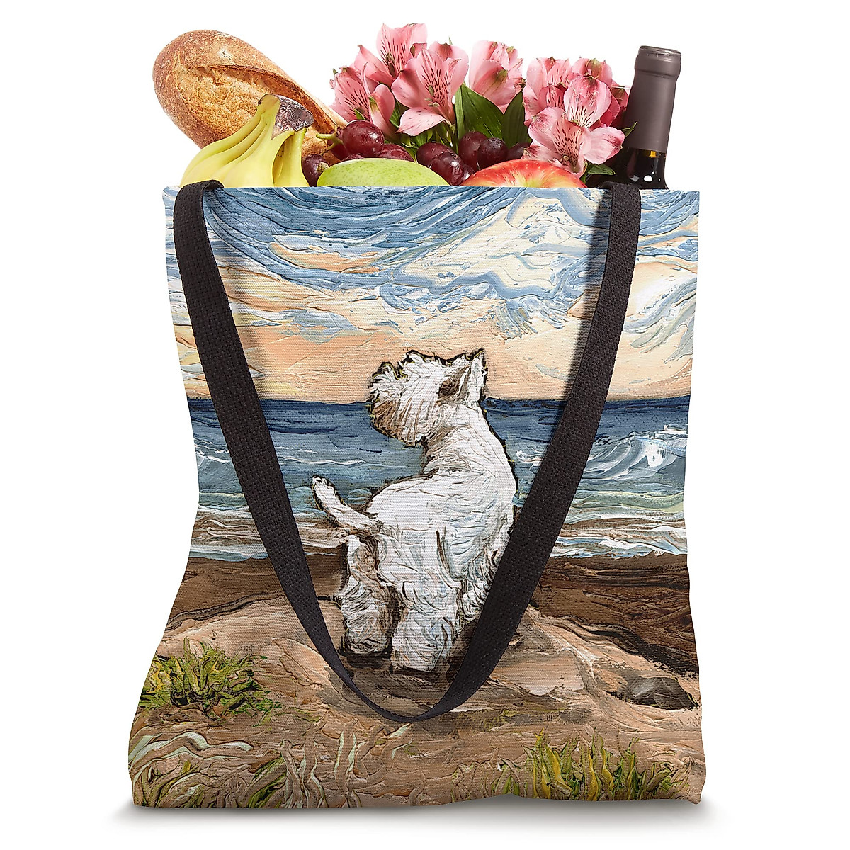 Westie at the Beach West Highland Terrier Dog Art by Aja Tote Bag