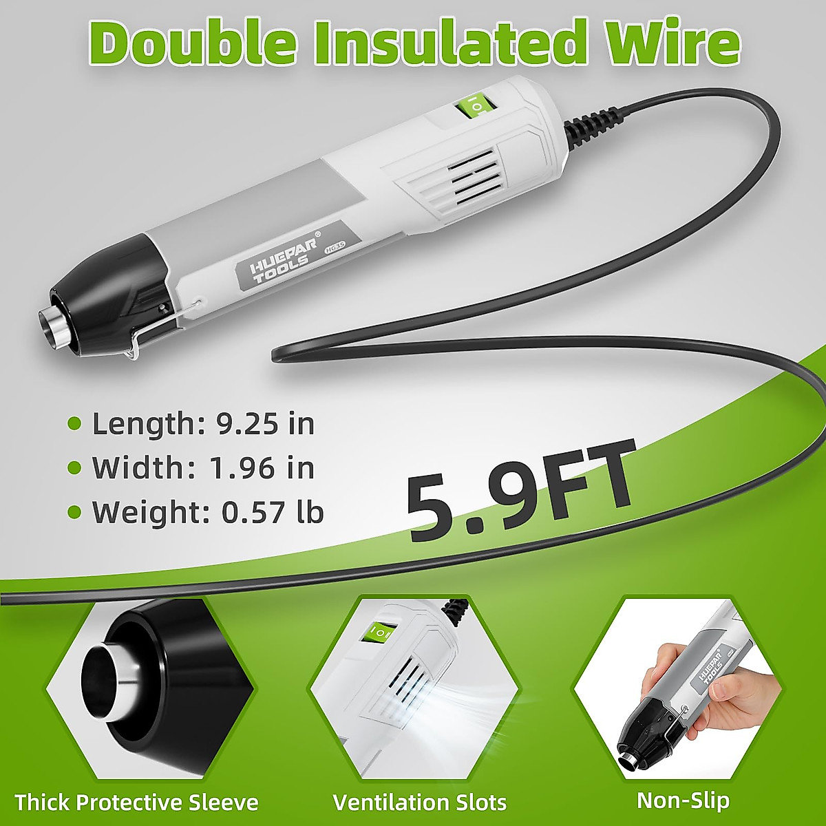 Mini Heat Gun for Christmas Gifts and Christmas Decorations, Huepar Tools 446°F/752°F Dual Temperature Heat Gun Tool, Includes 164PCS Heat Shrink Tubing, 2 Silicone Brushes and 2 Nozzles