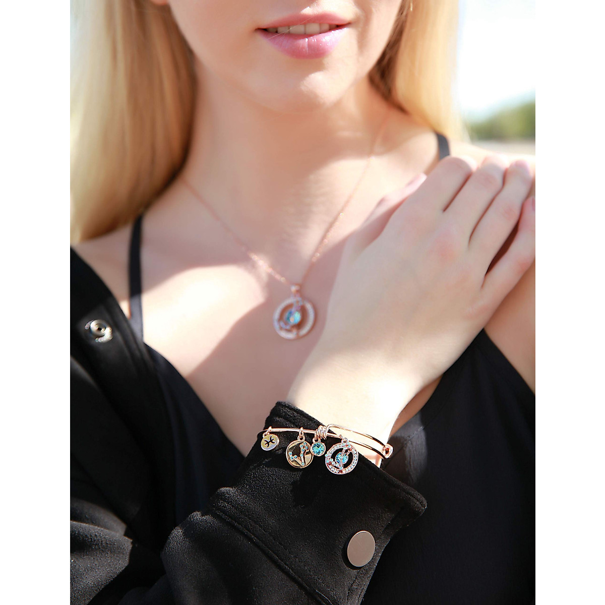 Leafael Superstar Pisces Zodiac Expandable Bangle Crystal Bracelet Horoscope Constellation Feburary March Birthstone Jewelry Gifts for Women, Rose Gold Plated, 7"