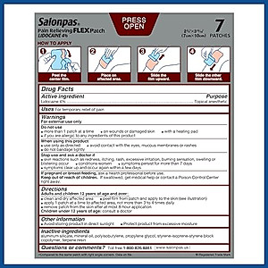 Salonpas Maximum OTC Strength Lidocaine 4% Pain Relieving Flex Patch, Apply for Up to 8 Hours, Unscented, Thin, Flexible, Lightweight, Patch Stays in Place, 7 Patches