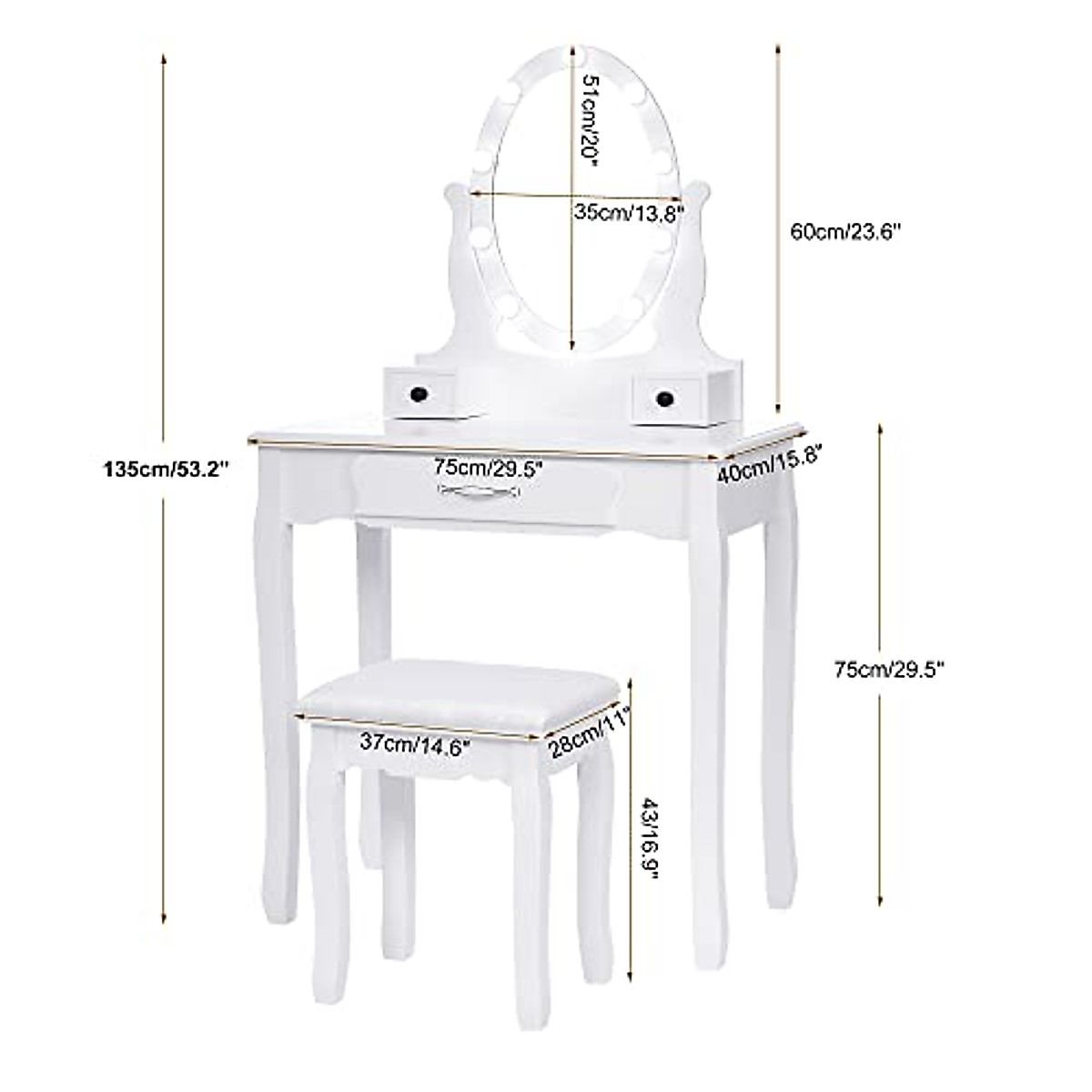 ANWBROAD Makeup Vanity Desk Vanity Set with LED Lighted Mirror Makeup Table Set 10 LED Dimmable Bulbs Cushioned Stool 3 Drawers 3 Dividers for Bedroom Makeup Jewellery Storage Set White UBDT12W