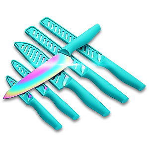 KYA37 Rainbow Titanium 12-Piece Stainless Steel Kitchen Knives Set with Sheath + KYA52 6PCS Nonstick Colorful Stainless Steel Rainbow Utensil Sets