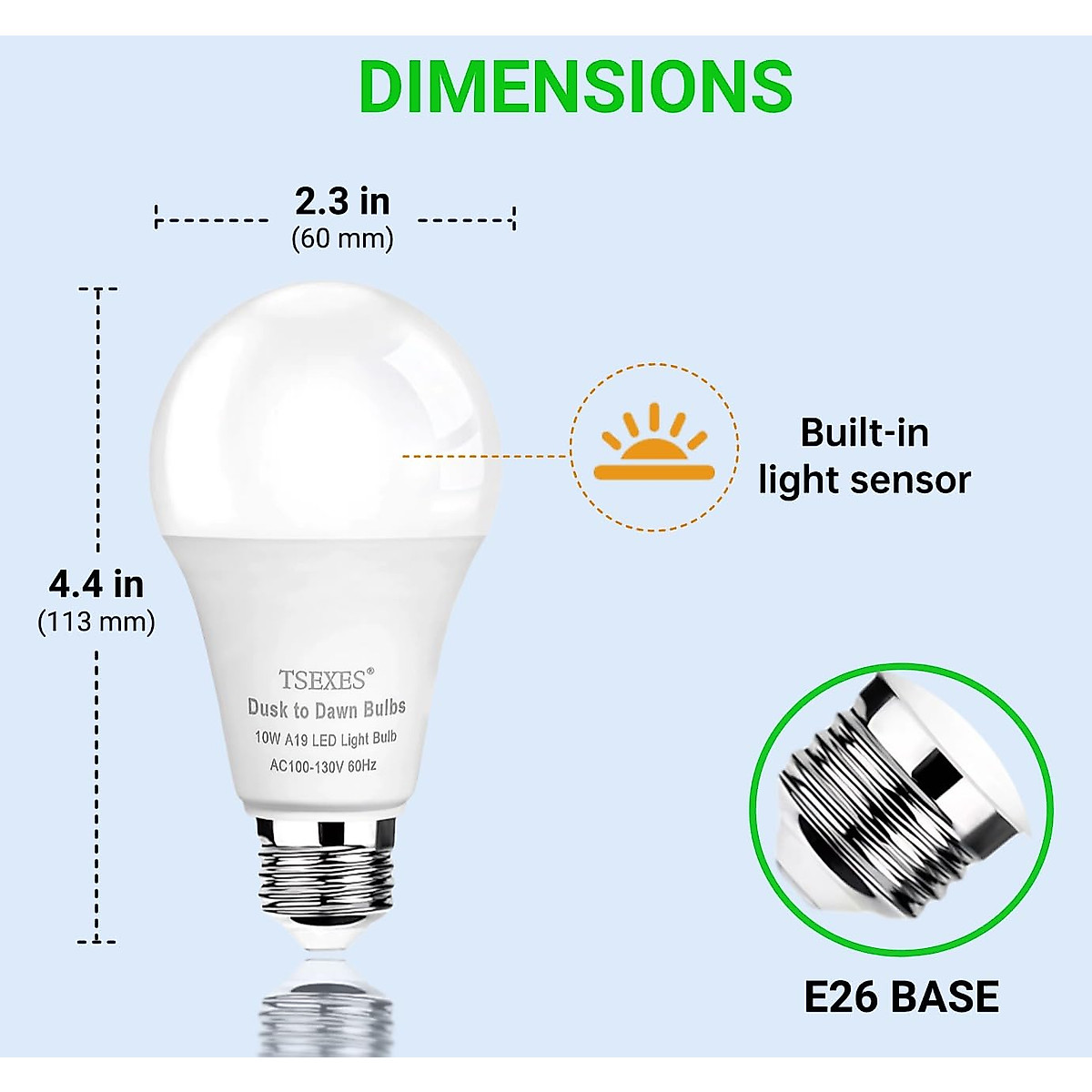 TSEXES 6 Pack Dusk to Dawn LED Light Bulbs,Automatic On/Off Sensor LED Light Bulb,2700K Warm White A19 Light Bulb for Wall lamp Porch Garage Light