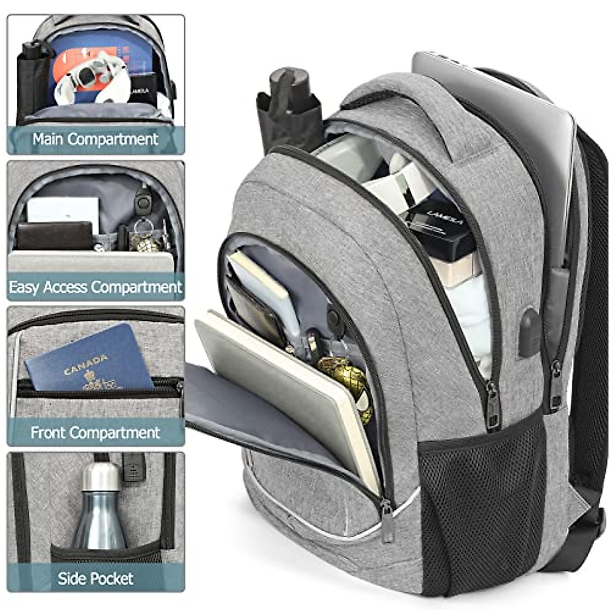 BIKROD Travel Laptop Backpack for Men and Women, Backpack for School Teen Boys and Girls, Student Bookbag 15.6 inch Laptop Compartment with USB Charging Port and Anti theft Poket, Grey