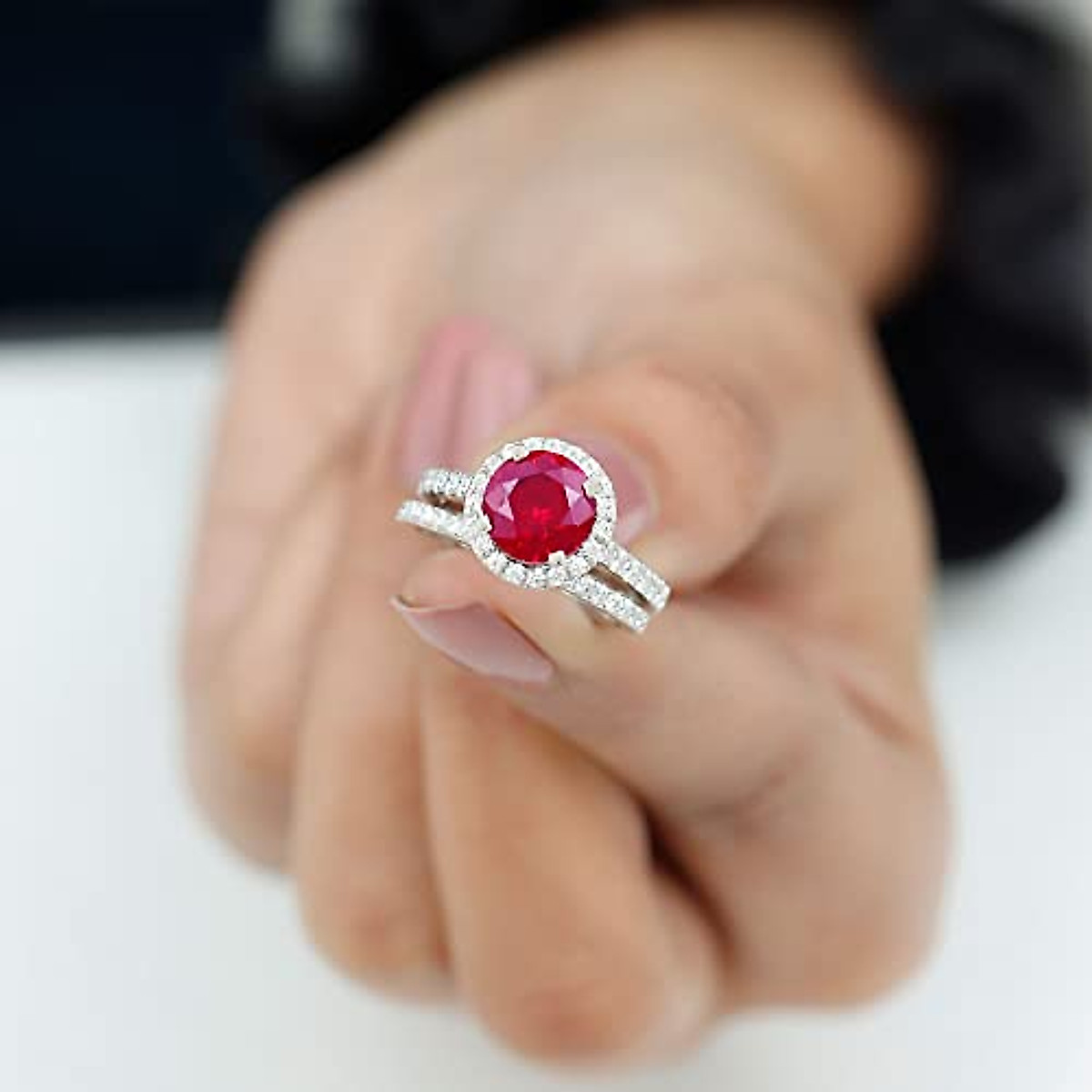 Lab Created Ruby Bridal Wedding Ring Set with D-VS1 Moissanite | 8 MM | AAAA Quality, 14K White Gold, Size:US 5.50