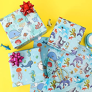 BOLIANNE Ocean Wrapping Paper - Birthday Wrapping Paper for Boys Girls Kids with Cute Whales Dolphins Fishes, 6 Large Sheets Sea Blue Gift Wrap for Baby Shower, Folded Flat, 27 X 37 Inch