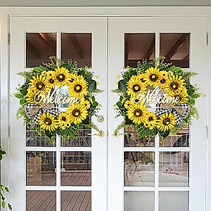 Waipfaru Sunflower Wreaths for Front Door, 20'' Sunflower Door Wreath with Welcome Sign and Bow, Spring Summer Wreath for Farmhouse Front Porch Patio Window Decor