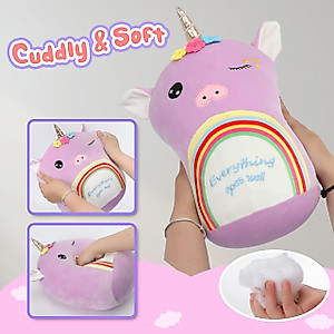 Easfan 14 Unicorn Rainbow Plush Pillow Get Well Stuffed Animals, Cuddly Soft Toy with Blink Eyes Flower Wreath, Everything Goes Well Gifts for Kids Toddlers Girls Boys, Purple