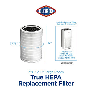Clorox Large Room Air Purifier True HEPA Replacement Filter, 1,500 Sq. Ft. Capacity, Removes 99.97% of Allergens up to 0.1 Micron, Compatible with 11010 & 11011, 1 Count (12010)