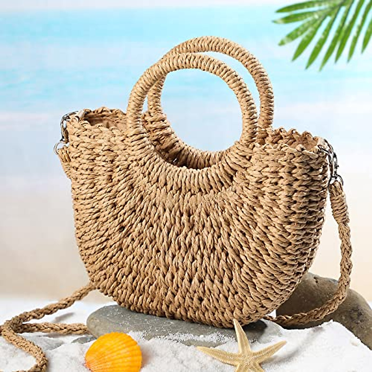 3 Pcs Semi Circle Rattan Straw Bag Straw Purses for Women Summer Beach Mini Tote Bag Hand Woven Crossbody Small Handbag Top Handle Wicker Clutch Bag