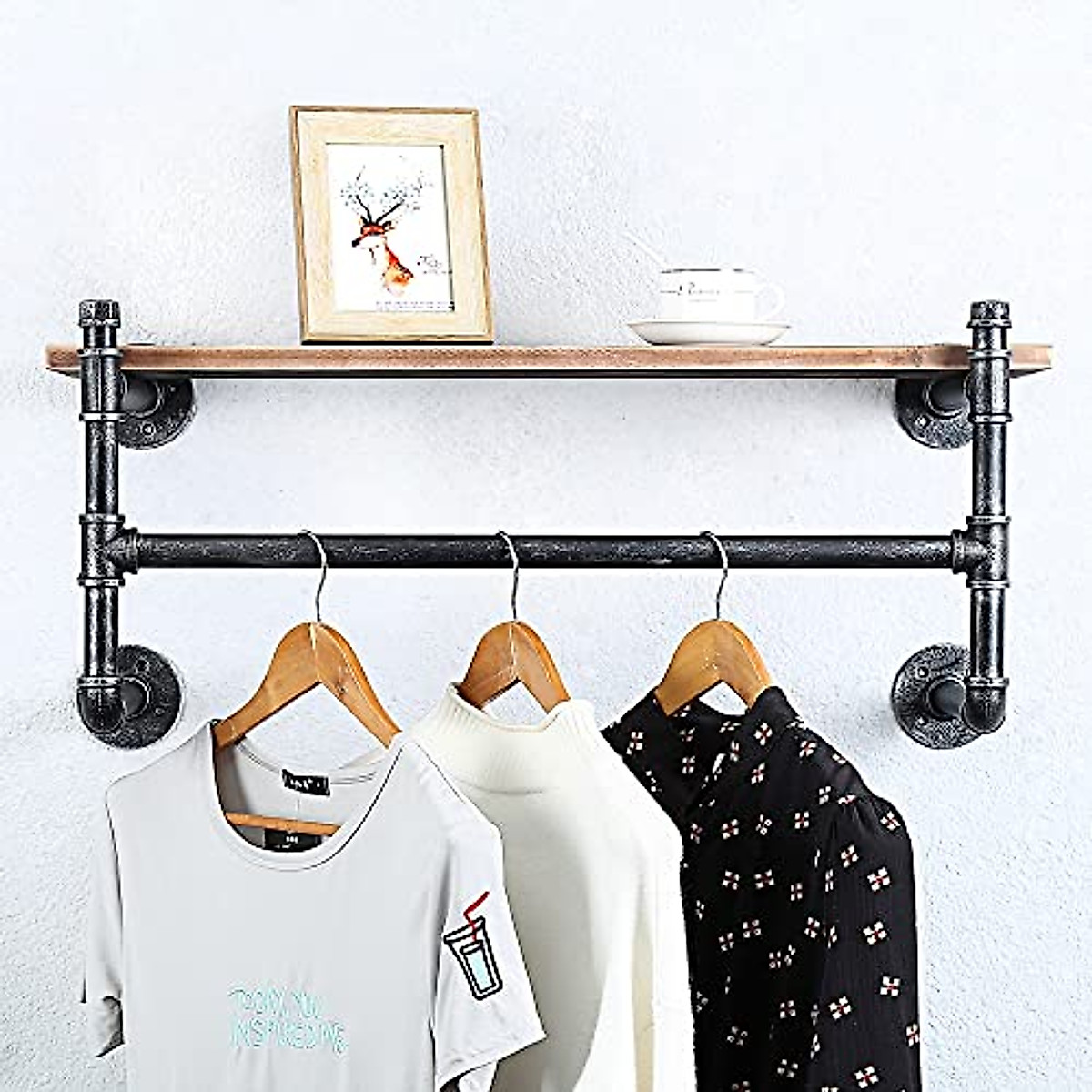 HAOVON Industrial Pipe Clothing Rack Wall Mounted Wood Shelf,Pipe Shelving Floating Shelves,Retail Garment Rack Display Rack Clothes Racks(1 Tier,30in)