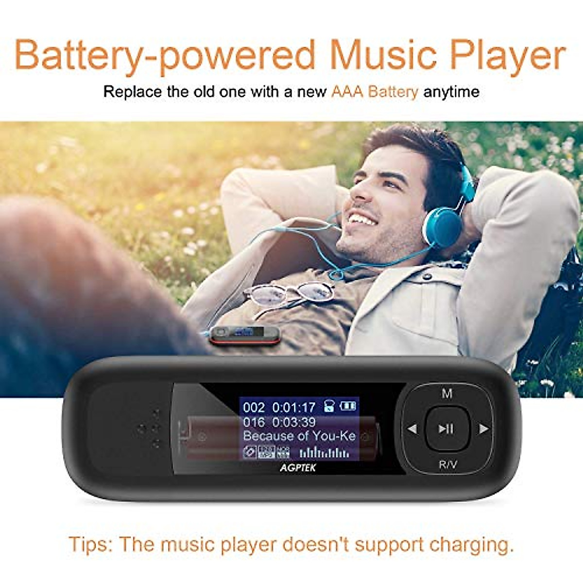 AGPTEK U3 USB Stick Mp3 Player, 8GB Music Player Supports Replaceable AAA Battery, Recording, FM Radio, Expandable Up to 64GB, Black