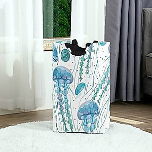 susiyo Teal Jellyfish Laundry Hamper Collapsible Laundry Basket Organizer Freestanding Waterproof Round Storage Bin for Bedrooms Nursery Dorm Clothes Toys Books