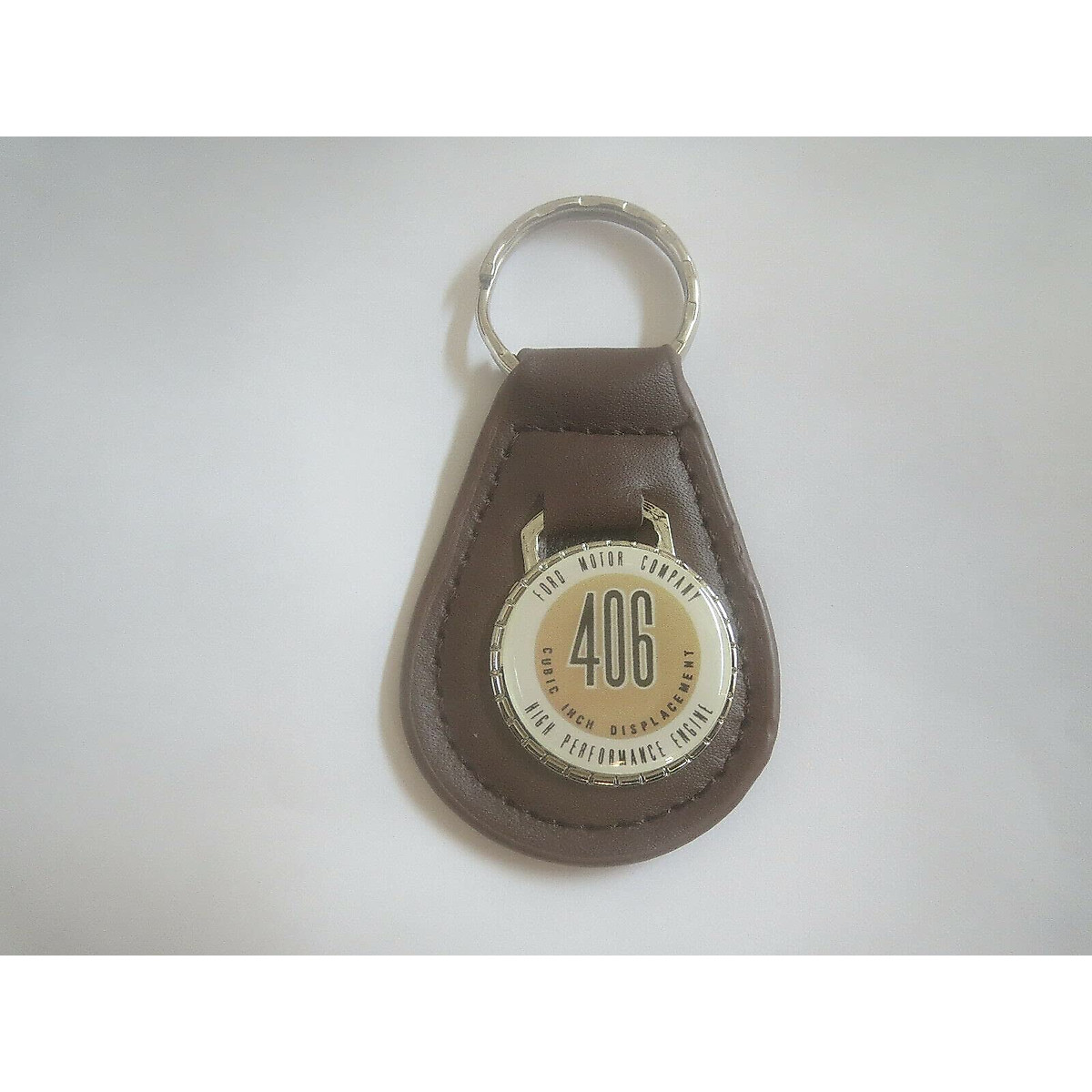 1962 1963 1964 GALAXIE 406 HIGH PERFORMANCE ENGINE LOGO LEATHER KEYCHAIN - BROWN