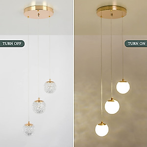 Gold Crystal Pendant Lights 5000k Daylight White,3-Light Mini Led Modern Brushed Brass Light Fixtures Ceiling Hanging, Glass Globes Pendant Lighting for Kitchen Island Bedroom Dining Room Foyer