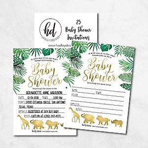 25 Safari Baby Shower Invitations, Sprinkle Invite for Boy or Girl, Gender Neutral Reveal Jungle Animal Theme, Cute Printed Fill or Write In Blank Printable Card, Coed Twin Party Stock Paper Supplies
