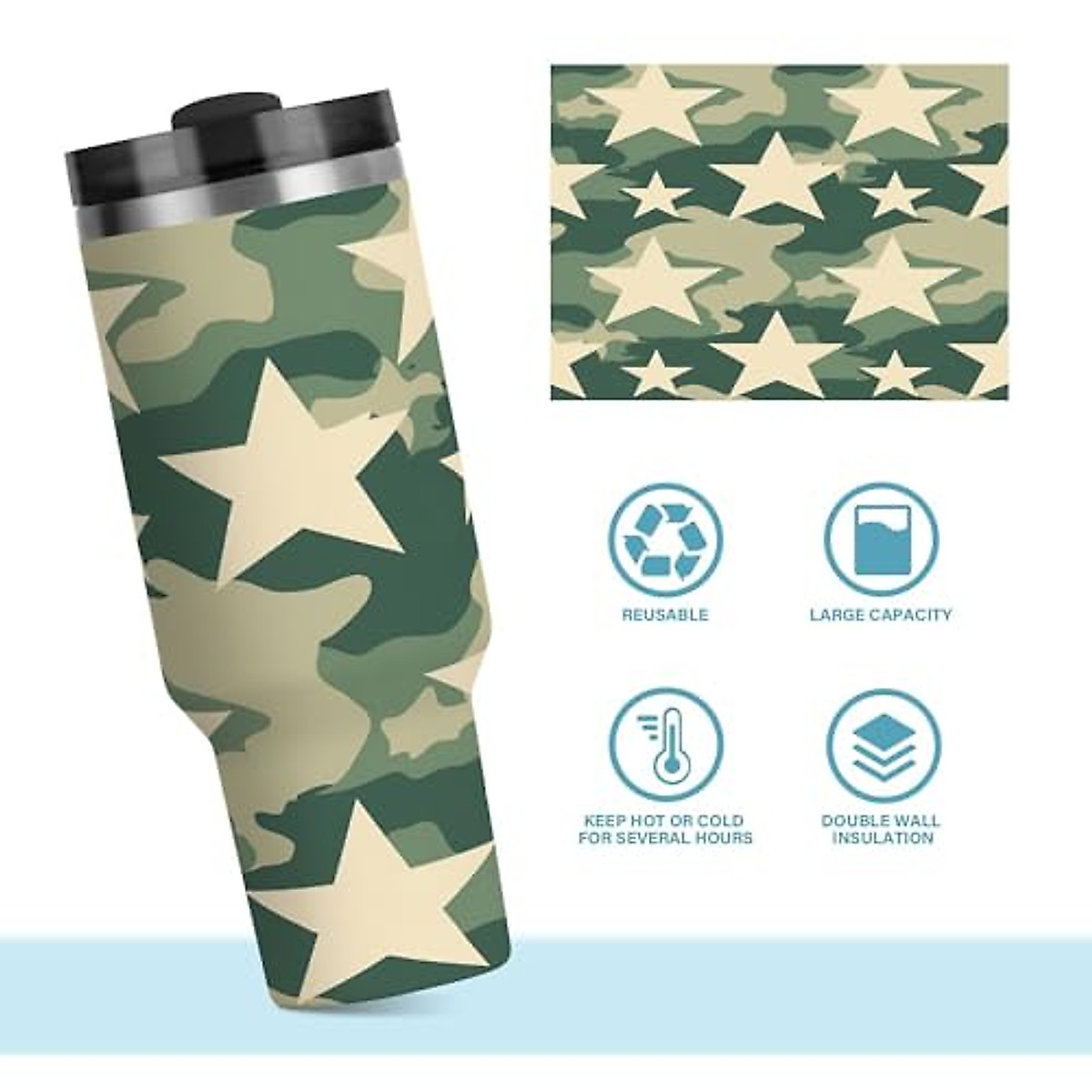 FRCSDIY Stars Insulated Tumbler with Handle and Straw Lid,40oz Leakproof Stainless Steel Cup BPA-Free Water Bottle