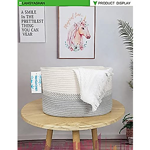 LANGYASHAN Rectangular Woven Rope Basket Decorative Blanket Basket for Living Room Storage or Nursery Laundry Basket Basket with Invisible Handles Laundry Hamper(Gray Invisible Handle)
