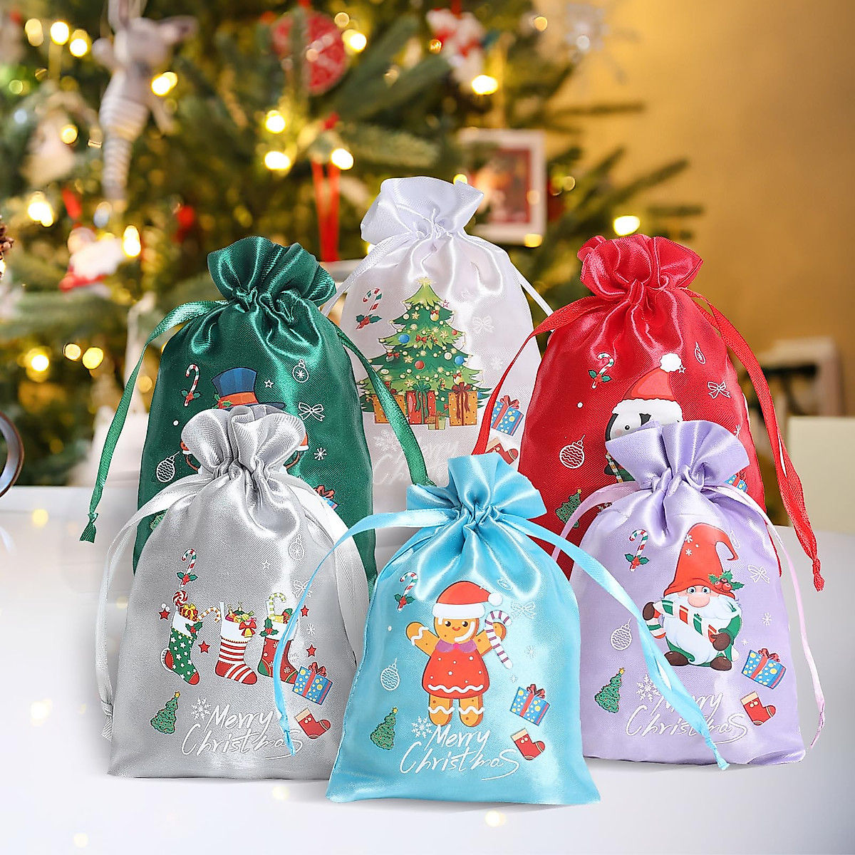 24 Pcs Small Christmas Bags with Drawstring Cute Satin Xmas goodie Bags Bulk for Christmas Advent Calendar Assorted Treat Bags for Winter Holiday Party Favor