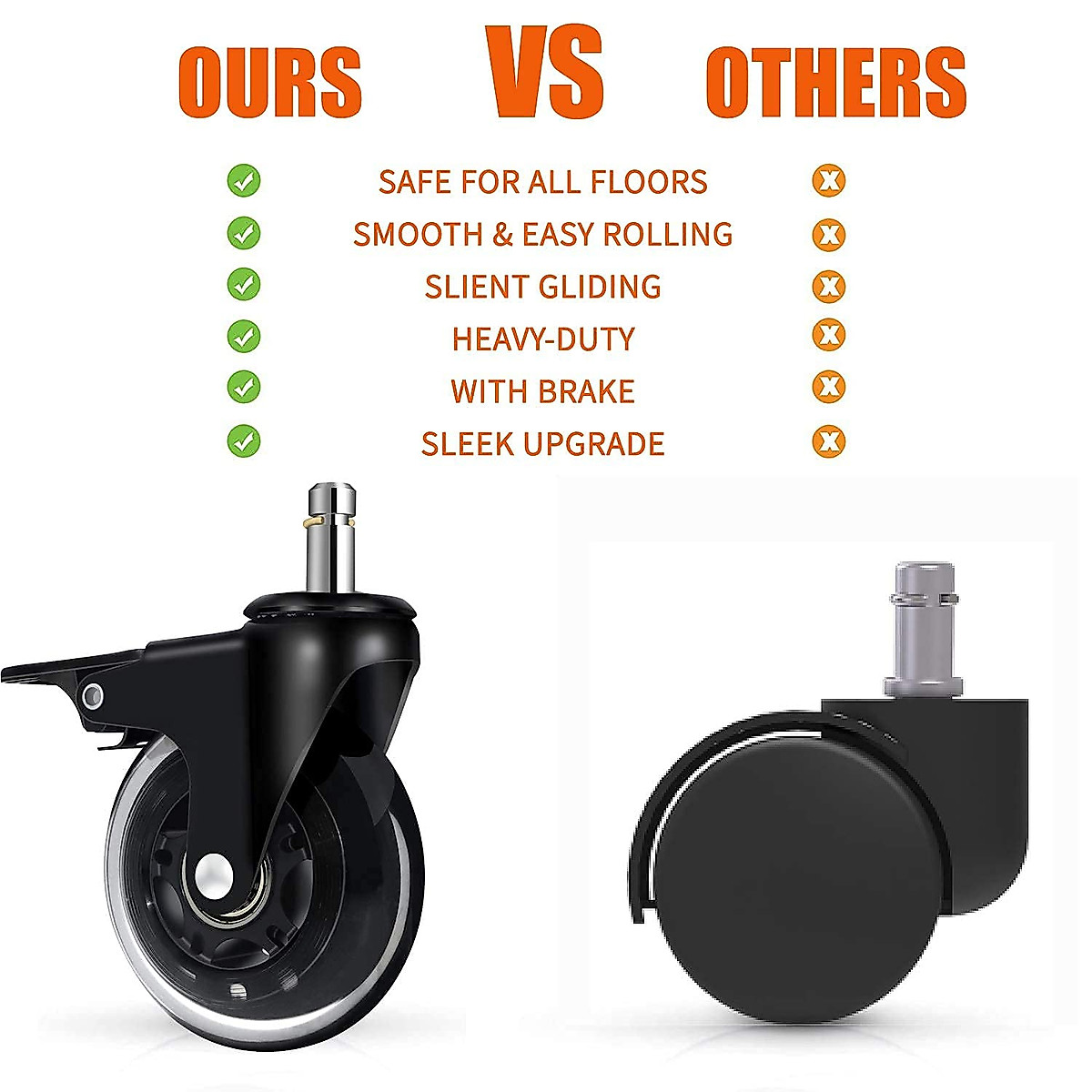 LONGADS Office Chair Caster Wheels with Brakes 5 Packs 3 in for Hardwood Floors and Low Pile Carpet,Heavy Duty Quiet Swivel Replacement -Made from Soft Premium Pu Rubber-Black