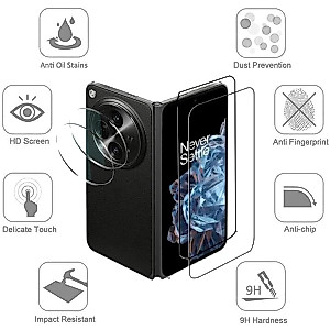 Yiushing For OnePlus Open Tempered Glass Front Screen Protector + Camera Lens Protector, 9H Hardness Anti-Scratch Tempered Glass Screen Protector Film (2+2 Pcs)