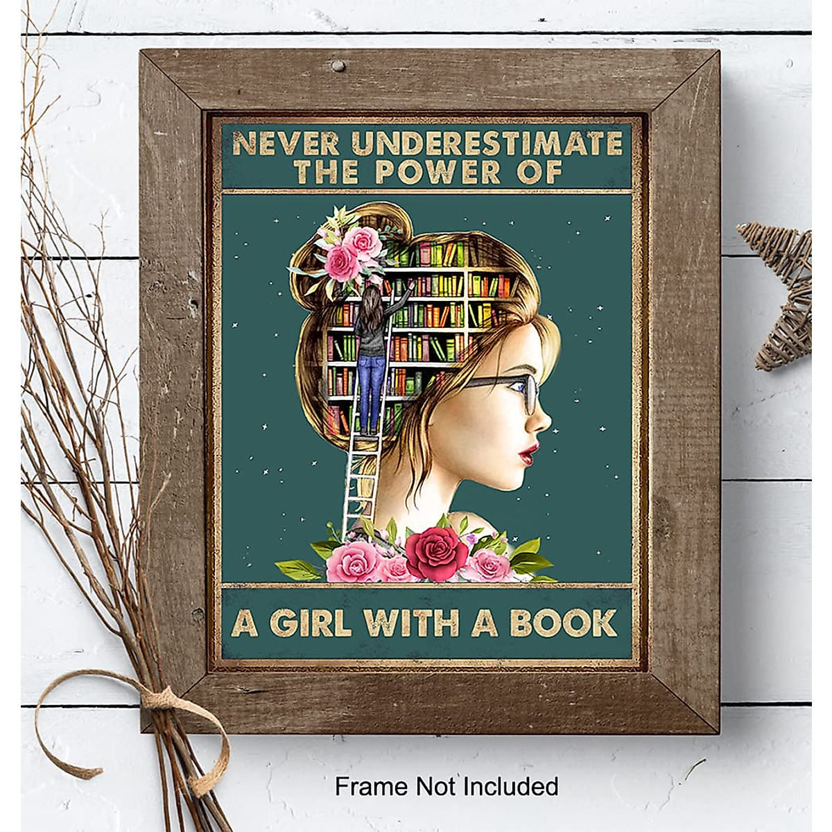 Inspirational Classroom Wall Art & Decor - Girls Bedroom - Never Underestimate A Girl With A Book - Positive Quotes - Girls Room - Girly Motivational Posters - Uplifting Encouragement Daughter Gifts