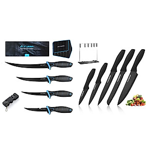 FLISSA Fillet Knife Set with HAUSHOF Kitchen Knife Set, Bait Knife with Black Coating Finish, 5 Piece Knife Sets with Block for Christmas Gifts, Premium Steel Knives Set