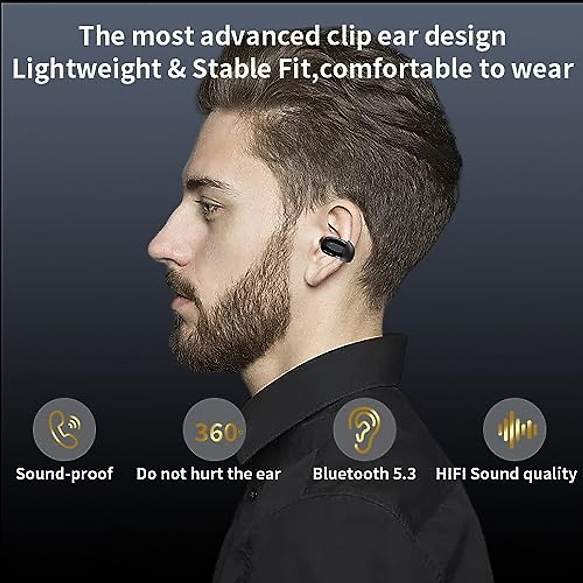 QAWDAWM Clip On Earbuds Wireless Open Ear Headphones- Bluetooth 5.3,80 Hours Playtime with Charging Case, Headphones with Mic Waterproof Sport Earbuds for Running(Black)