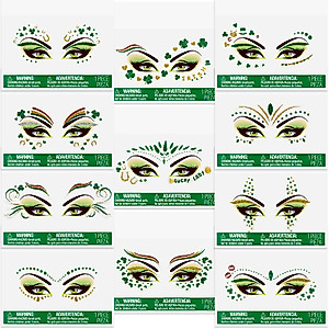 117 Pcs St. Patrick's Day Glitter Face Tattoos Green Face Jewelry Tattoos Temporary Face Jewelry Three Leaf Glitter Shamrock Clover for St. Patrick's Day Party Accessory, 33 Sheets
