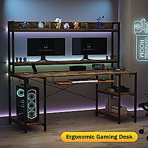 55" Computer Desk with Power Outlet & USB Ports, Reversible Desk with Hutch Shelves Keyboard Tray Monitor Shelf, Home Office Desk Gaming Desk, Study Writing Workstation, Easy Assembly, Rustic Brown