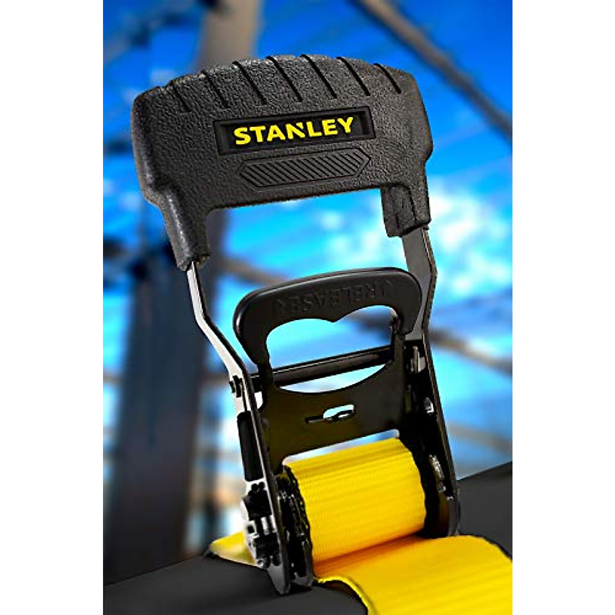 STANLEY S1007 Black/Yellow 1.5" x 16' Ratchet Tie Down Straps - 1,100 lb Safe Working Load / 3,300 lb Break Strength, 2 Pack