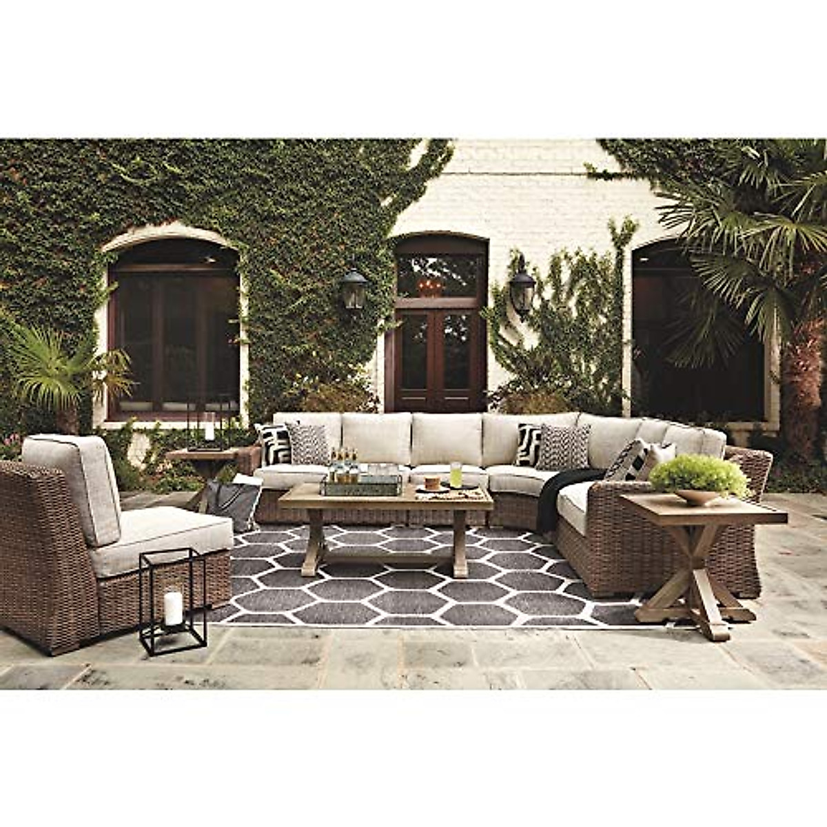 Signature Design by Ashley Beachcroft Outdoor Left & Right Arm Facing Wicker Patio Loveseats, Brown & Beige