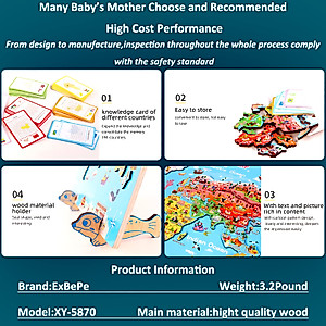 ExBePe Genuine Magnetic Wooden World Map Puzzle,92 Country Flash Cards,National Flags Introduction,Preschool Learning Education Geography Toy for Kid Ages 3+