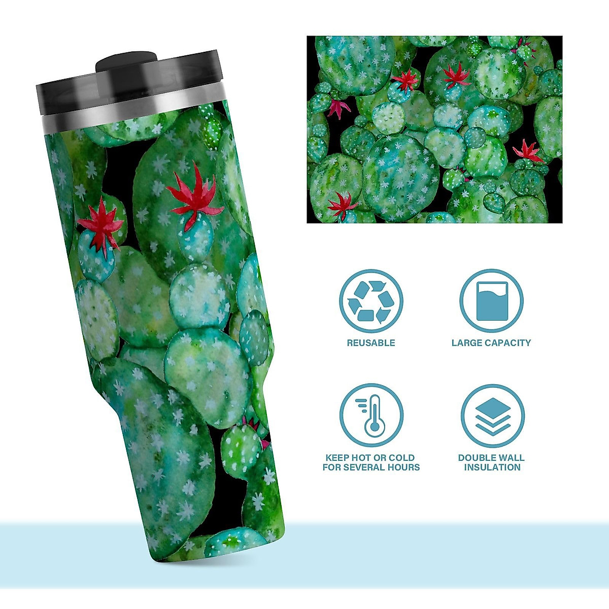 Yasala Car Tumbler with Handle Green Cactus Watercolor Travel Mug Coffee Cup Insulated Beverage Container Mega Cup for Hot Cold Drinking Thermos Water Bottle Cupholder Friendly 40 oz