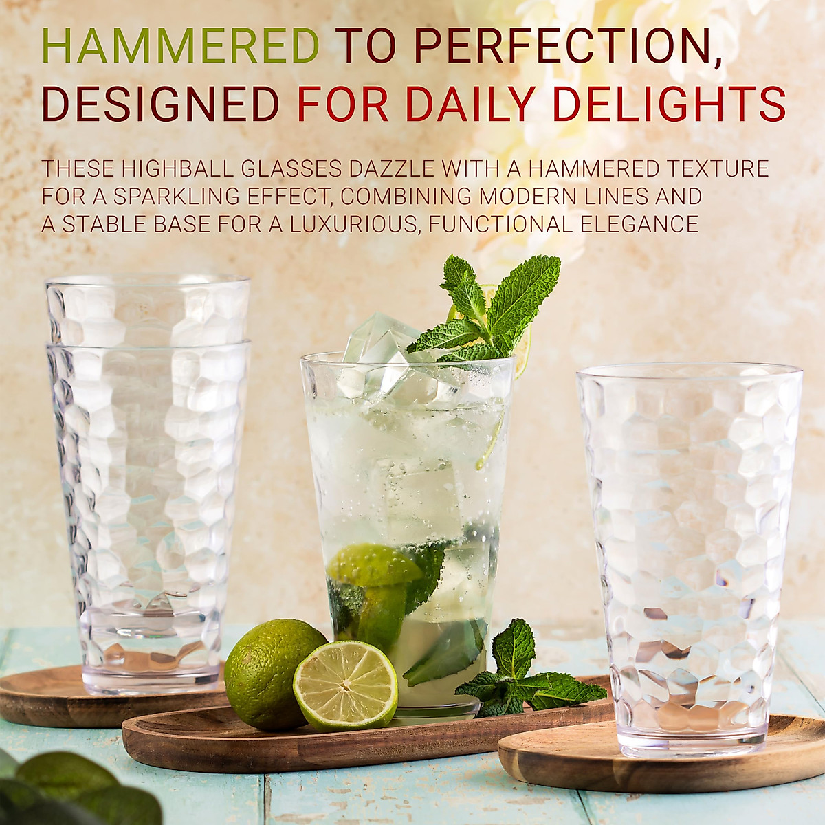 Bravario Hammered Plastic Drinking High Tumbler, Dishwasher-Safe Premium Quality Glasses, BPA-Free Reusable Outdoor Cups, 22 oz Set of 6