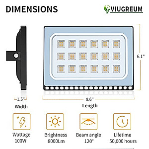 Viugreum 100W LED Flood Lights Outdoor, Waterproof IP65 Work Lights, 110V 10000LM Warm White(3000K), Super Bright Security Floodlights Wall Lights Landscape Lights with US Plug