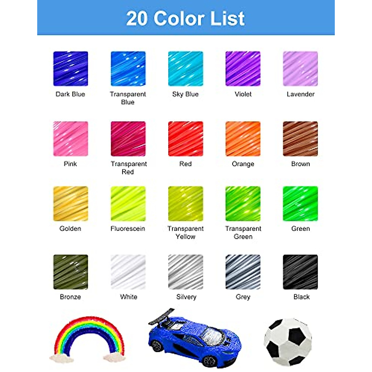 3D Pen PLA Filament Refills, 20 Colors 1.75mm Premium Printing Filament for 3D Printer and 3D Pen, Each Color 16 Feet, Total 320 feet, with 2 Finger Caps by RIEOS