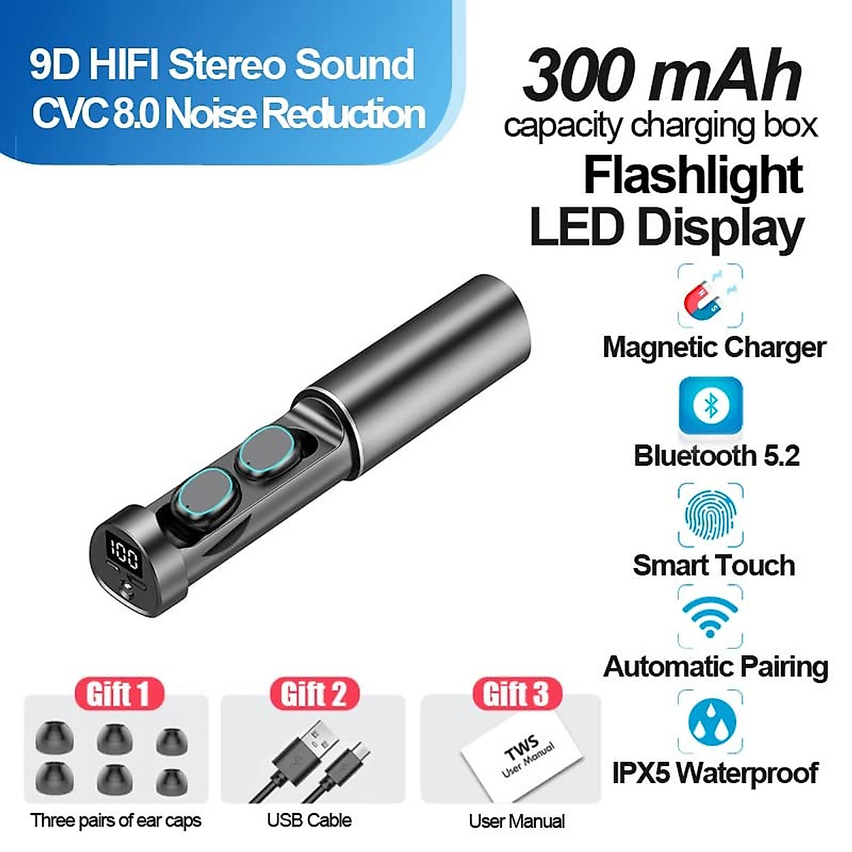 Wireless Headphones TWS Bluetooth 5.2 Earphones Stereo Headset Sport Earbuds with Microphone Flashlight for Smartphone. Pine