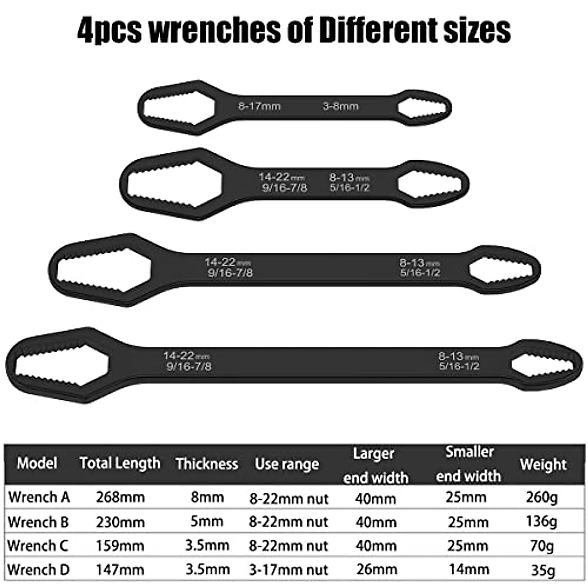 4 PCS Universal Torx Wrench Double-Head Self-Tightening Wrench, 3mm-22mm Adjustable Glasses Wrench, Multi-purpose Multi-function Wrench for Outdoor Riding Home Car Repair Tools