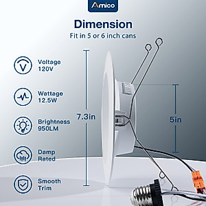Amico 5/6 inch 5CCT LED Recessed Lighting 16 Pack, Smooth Trim, Dimmable, IC & Damp Rated, 12.5W=100W, 950LM Can Lights, 2700K/3000K/4000K/5000K/6000K Selectable, Retrofit Installation - ETL & FCC