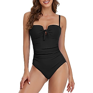 Upopby Women's Strapless One Piece Swimsuits for Women Padded Push Up Tummy Control Bathing Suits Plus Size Slimming Swimwear Black 14