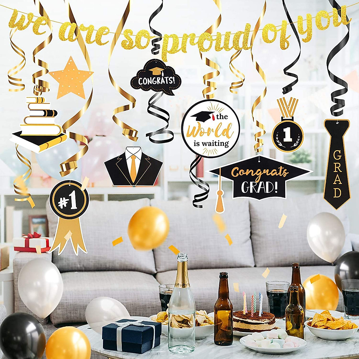 Graduation Party Decorations 2023, 31PCS Graduation Party Supplies Graduation Stuff Hanging Swirls Ceiling Decor And String Graduation Banner for Elementary 8th Grade High School College Black And Gold Class Of 2023 Congrats Decorations Grad Decor (Gradua