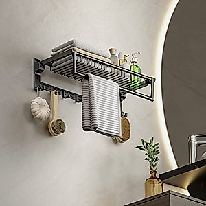 VOLPONE Towel Rack for Bathroom Towel Storage Wall Mounted Foldable Towel Shelf with Towel Bar Hooks No Assembly Required 24-Inch Black