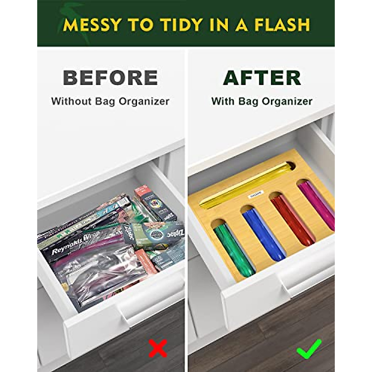 VenDotbi Bamboo Ziplock Bag Organizer for Drawer, Storage Bag Organizer, Plastic Bag Organizer 5 Slot Baggie Organizer for Kitchen Compatible with Gallon, Quart, Sandwich & Snack Variety Bags-Natural