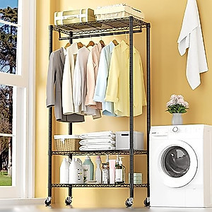 Golpart Rolling Clothes Rack Portable Garment Racks for Hanging Clothes, Freestanding Clothing Racks Closet with Adjustable Shelve & Wheel, Heavy Duty Metal Wardrobe Bedroom Laundry-room, Black