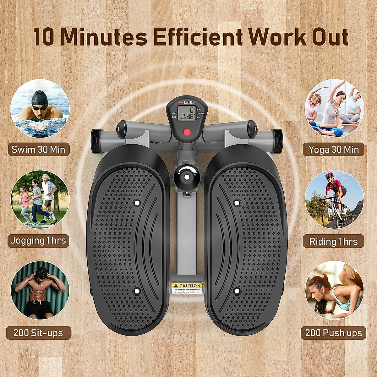 leikefitness Premium Portable Twist Stair Stepper Adjustable Resistance, Twisting Step Fitness Machine with Bands and LCD Monitor (ST6610-Silver)